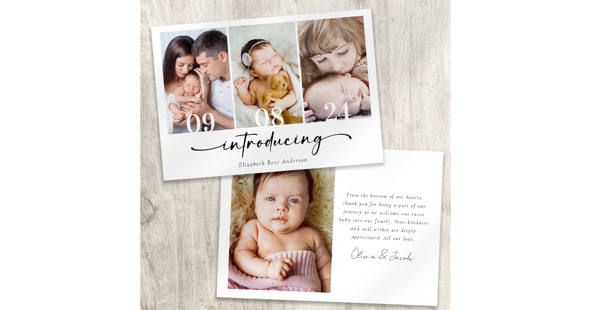 Minimalist 4 Photo Calligraphy New Baby Thank You Card | Zazzle