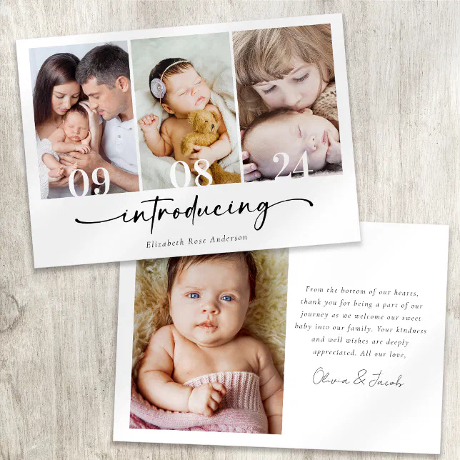 Minimalist 4 Photo Calligraphy New Baby Thank You Card | Zazzle