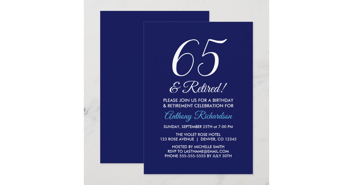 Minimalist 65 and Retired Dark Purple Retirement Invitation | Zazzle