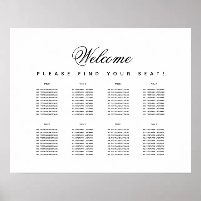 Minimalist 8 Table Black and White Seating Chart | Zazzle