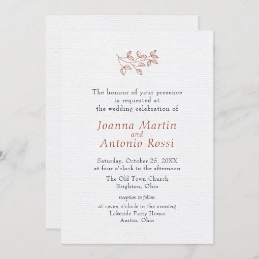 Minimalist Autumn Rust Colored Leaves Wedding Invitation | Zazzle