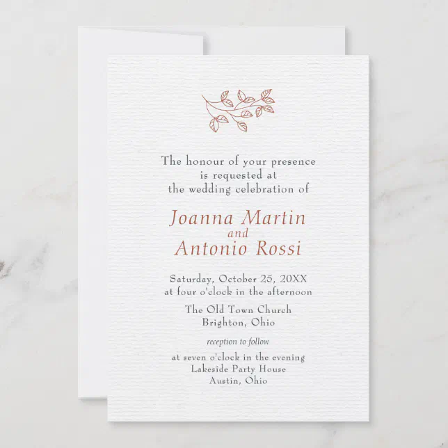 Minimalist Autumn Rust Colored Leaves Wedding Invitation | Zazzle