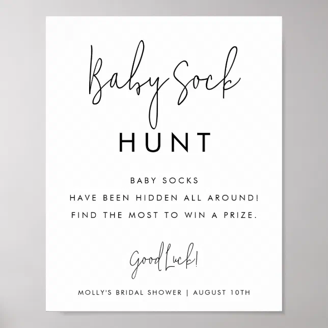 Minimalist Baby Shower Game Baby Sock Hunt Poster | Zazzle