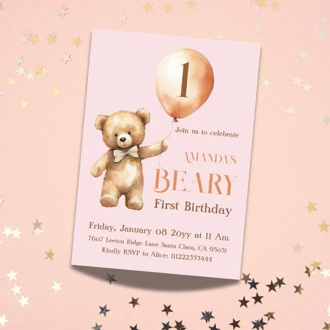 Minimalist Bear Pink Girl Beary 1st Birthday Invitation | Zazzle