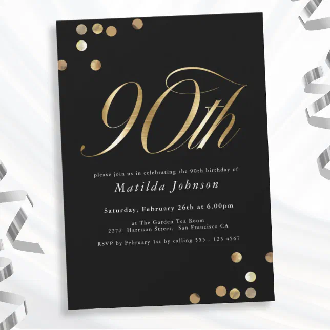 Minimalist Black and Gold 90th Birthday Party Invitation | Zazzle