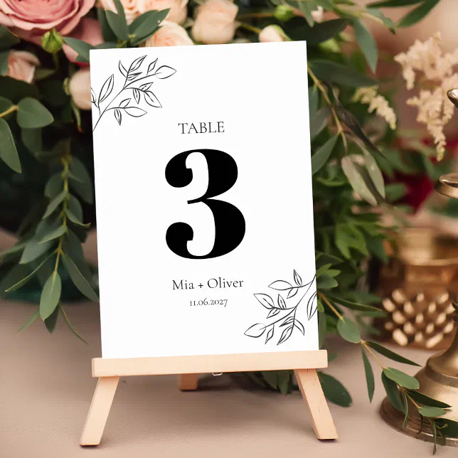 Minimalist Black and White Botanical Wedding Table Number | Zazzle