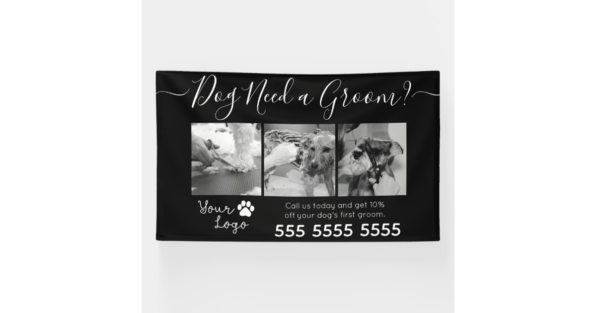 Minimalist Black and White Dog Grooming Banner | Zazzle
