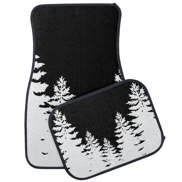 Minimalist black and white pine tree silhouette car floor mat | Zazzle