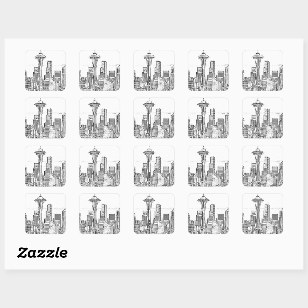 Minimalist Black and White Seattle Skyline Square Sticker - Snuggle ...