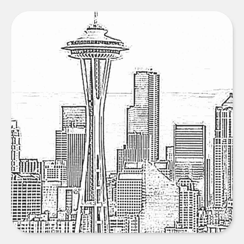 Minimalist Black and White Seattle Skyline Square Sticker - Snuggle ...