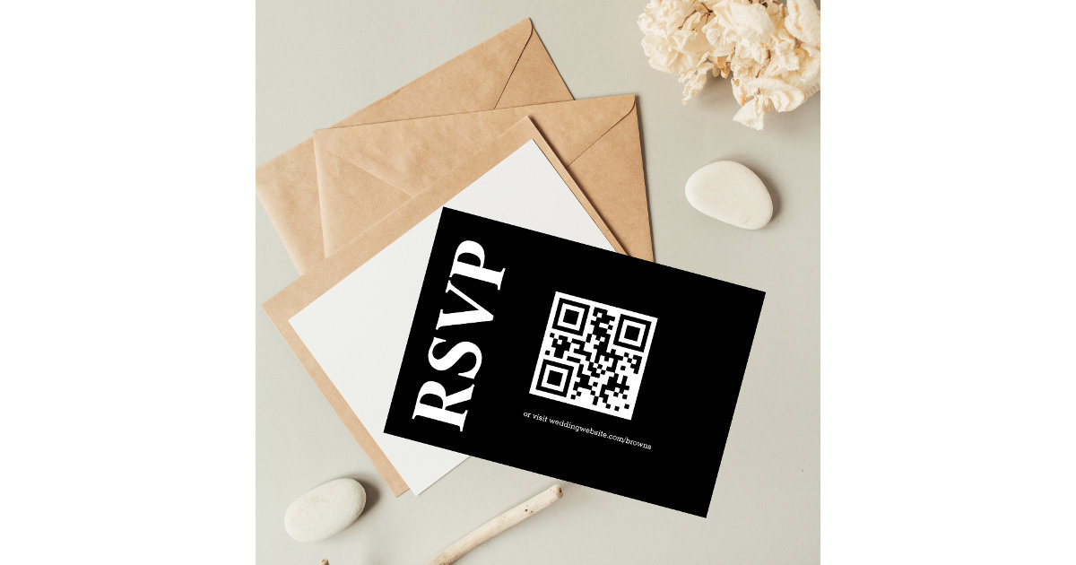 Minimalist Black And White Text Based Qr Code Rsvp Card Zazzle