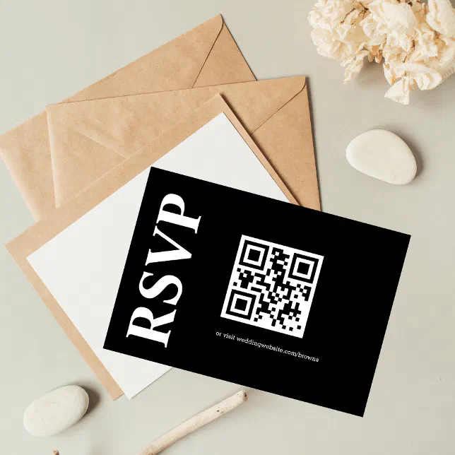 Minimalist Black and White Text Based QR CODE RSVP Card | Zazzle
