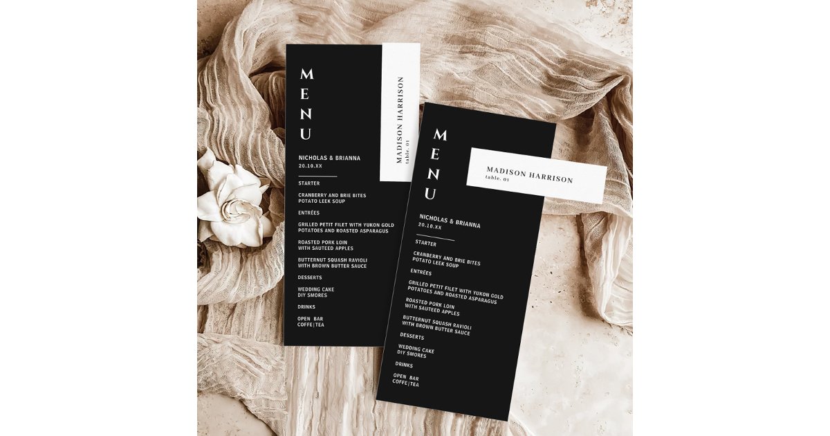 Minimalist Black and White Wedding Menu | Zazzle