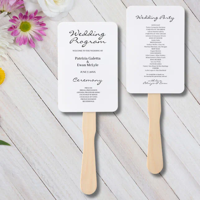 Minimalist Black and White Wedding program Hand Fan | Zazzle