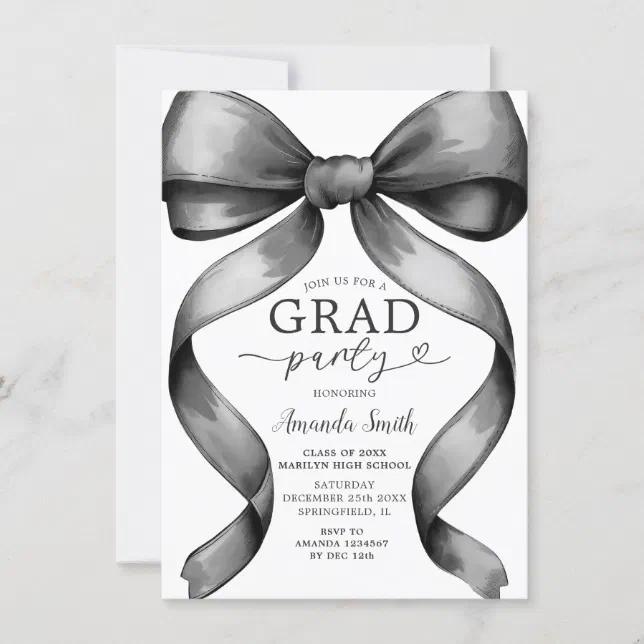 Minimalist Black Bow Graduation Party Ribbon Invitation | Zazzle