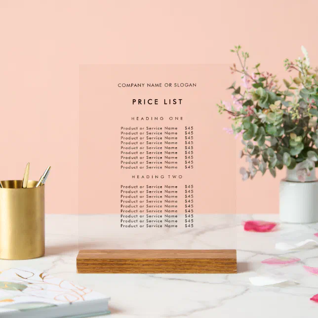 Minimalist Black Business Name Price List Acrylic Sign | Zazzle