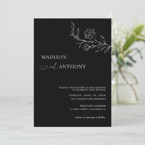 Minimalist Black Floral Line Art Wedding Invitation | Zazzle