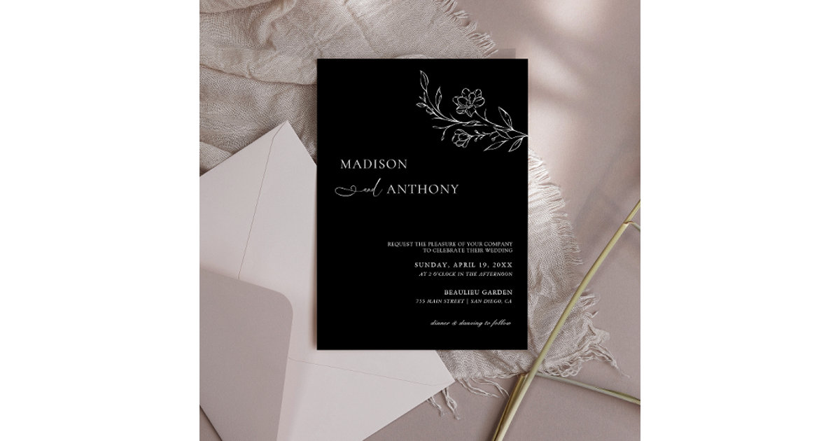 Minimalist Black Floral Line Art Wedding Invitation | Zazzle