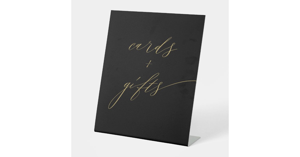 Minimalist Black Gold Elegant Script Cards Gifts Pedestal Sign | Zazzle