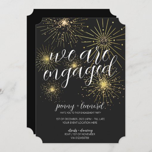 Minimalist Black Gold Fireworks Engagement Party Invitation | Zazzle