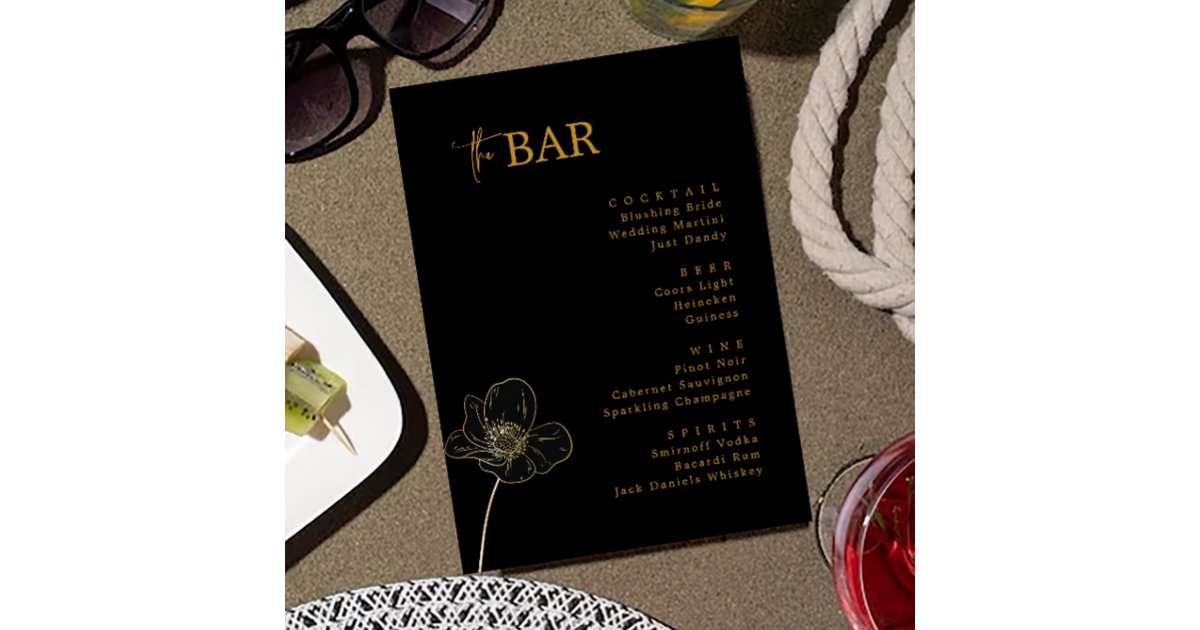 Minimalist Black & Gold Wedding Drinks Bar Menu | Zazzle