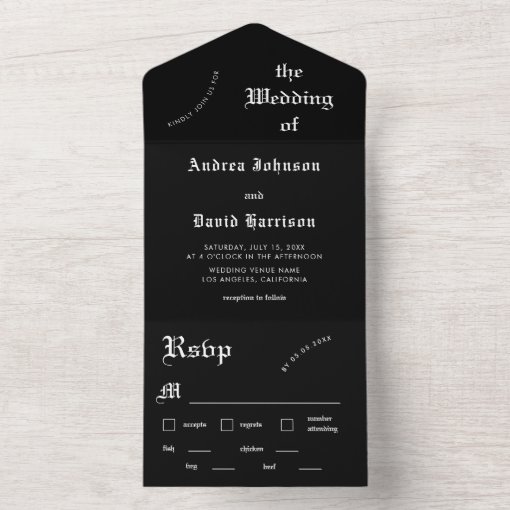 Minimalist Black Gothic Goth Modern Dark Wedding All In One Invitation ...