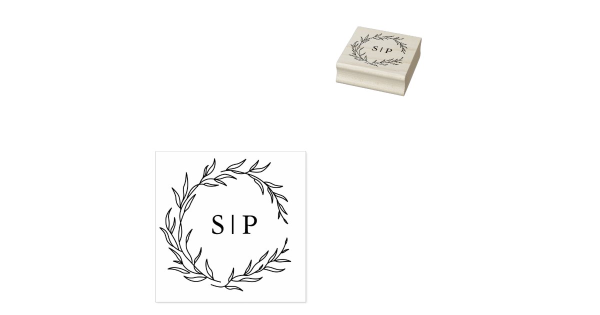 Minimalist Black Leaf Modern Wedding Initials Rubber Stamp | Zazzle