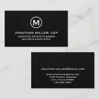 Minimalist Black Leather Initial Logo Business Card | Zazzle