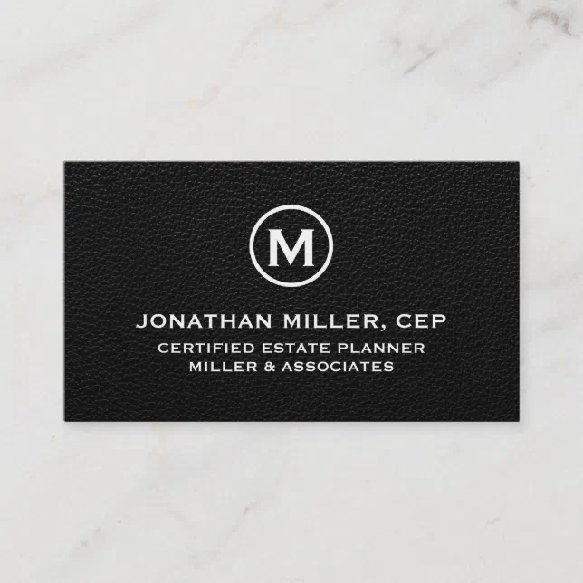 Minimalist Black Leather Initial Logo Business Card | Zazzle