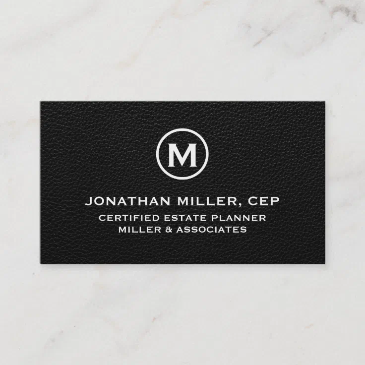 Minimalist Black Leather Initial Logo Business Card | Zazzle