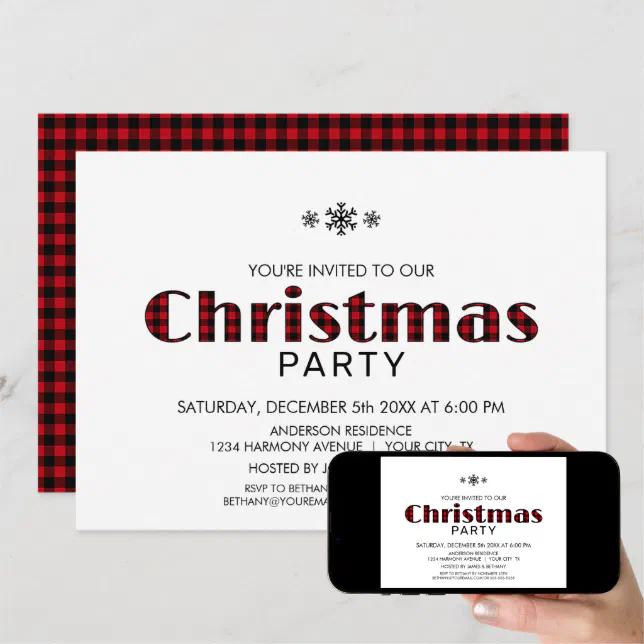 Minimalist Black Red Buffalo Plaid Christmas Party Invitation | Zazzle