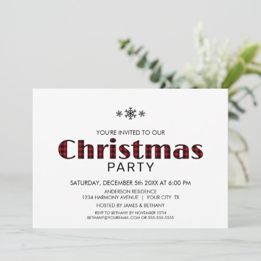 Minimalist Black Red Buffalo Plaid Christmas Party Invitation | Zazzle