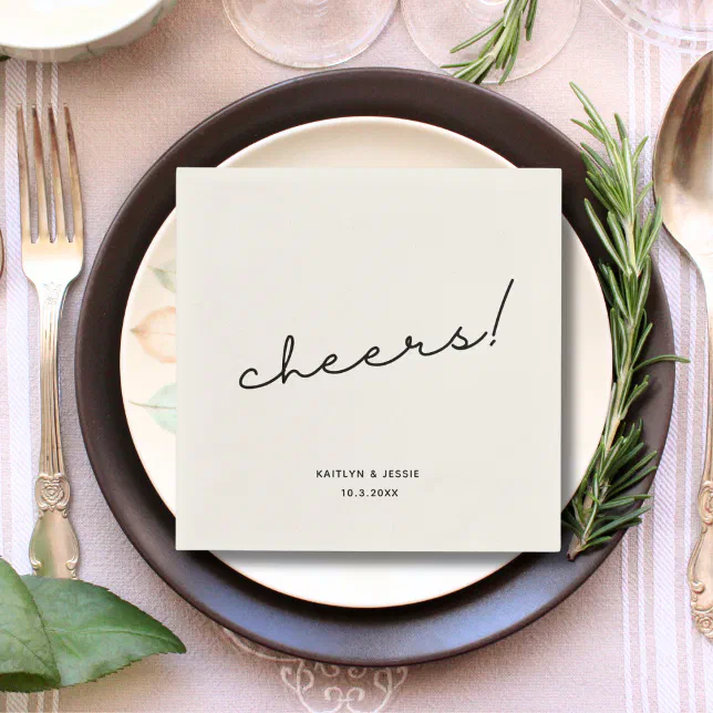 Minimalist Black Script Custom Cheers Wedding Napkins | Zazzle