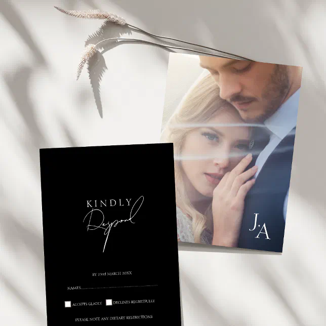 Minimalist Black Simple Script Photo Wedding RSVP Card | Zazzle