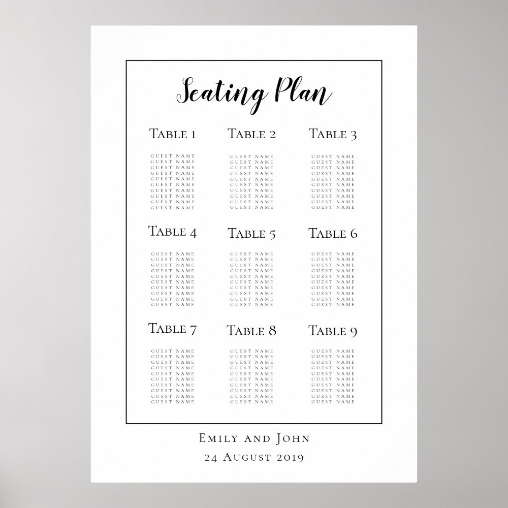 Minimalist Black Typography/border Seating Plan Poster - Snuggle ...