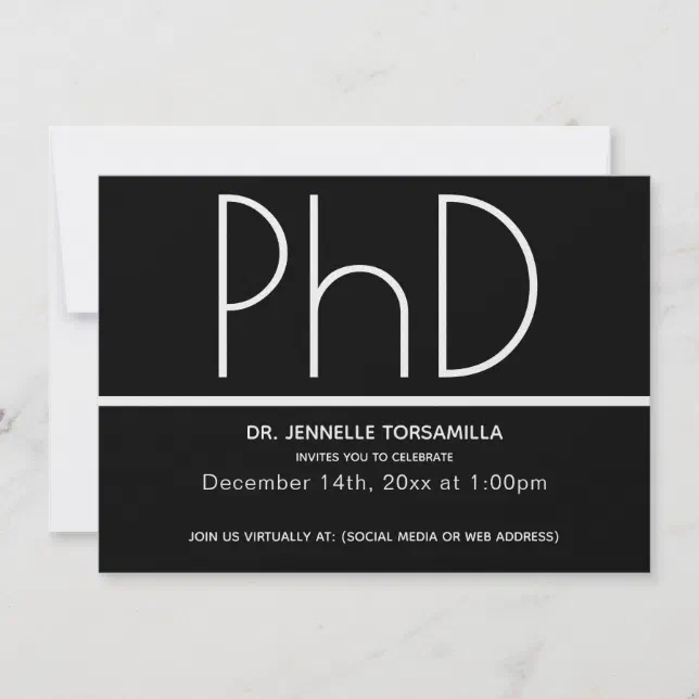 Minimalist Black Virtual PhD Graduation Party Invitation | Zazzle