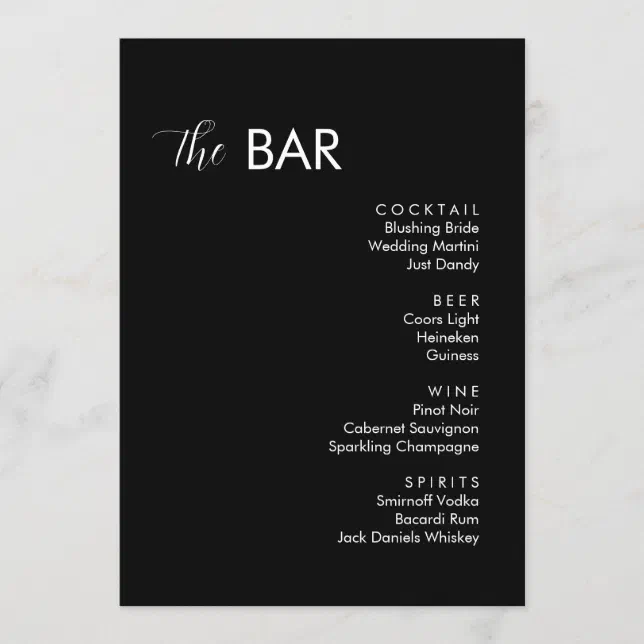 Minimalist Black Wedding Drinks Bar Menu | Zazzle