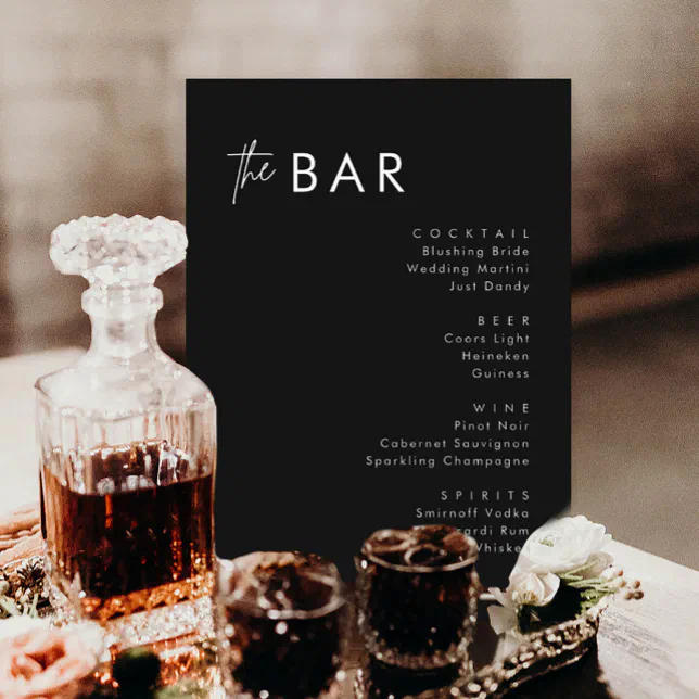 Minimalist Black Wedding Drinks Bar Menu Cards | Zazzle