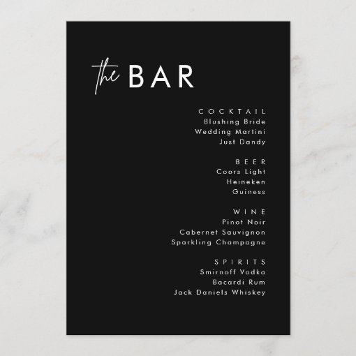 Minimalist Black Wedding Drinks Bar Menu Cards | Zazzle