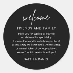 Minimalist Black Wedding Welcome Box Classic Round Sticker | Zazzle