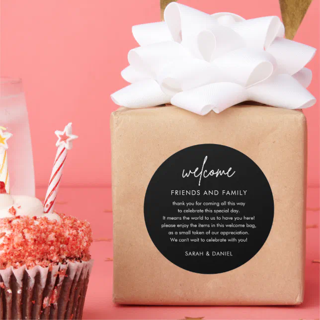 Minimalist Black Wedding Welcome Box Classic Round Sticker | Zazzle