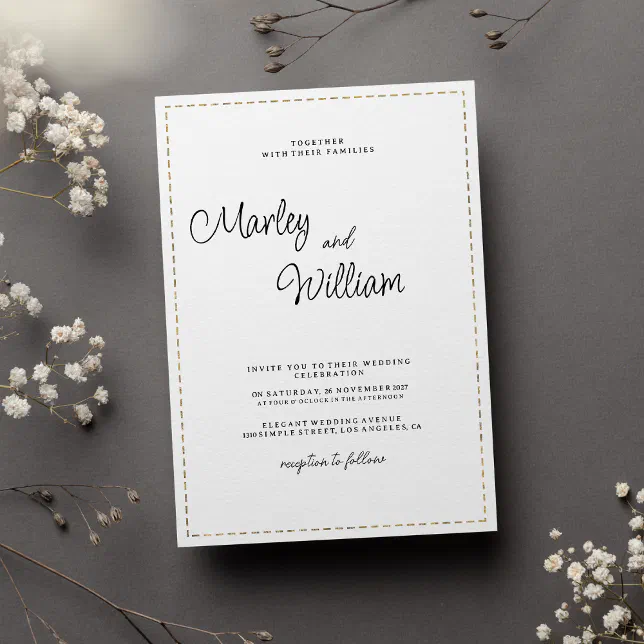 Minimalist black white gold dashed line Wedding Invitation | Zazzle