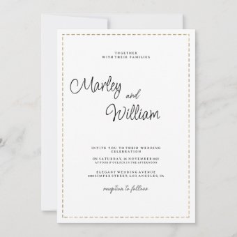 Minimalist black white gold dashed line Wedding Invitation | Zazzle