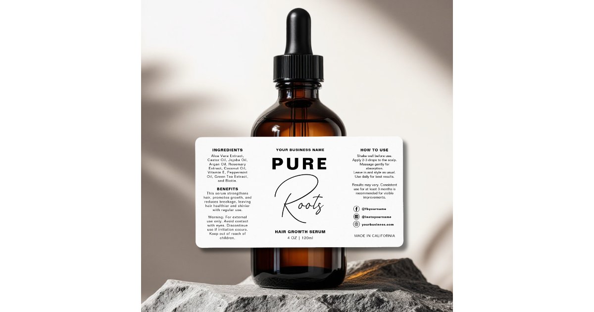Minimalist Black & White Hair Oil Dropper Bottle Label | Zazzle