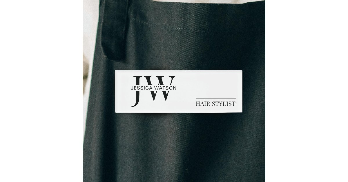 Minimalist Black & White Hairstylist Beauty Salon Name Tag | Zazzle