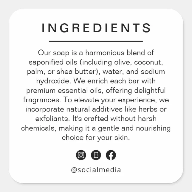 Minimalist Black White Ingredient List Product Square Sticker | Zazzle