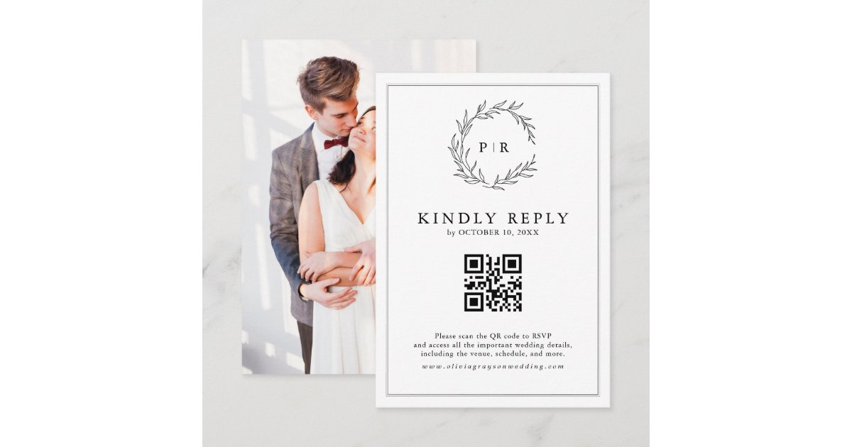 Minimalist Black & White Leaf Modern QR Code Photo RSVP Card | Zazzle