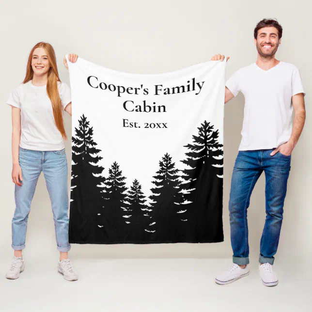 Minimalist black white pine tree silhouette fleece blanket | Zazzle