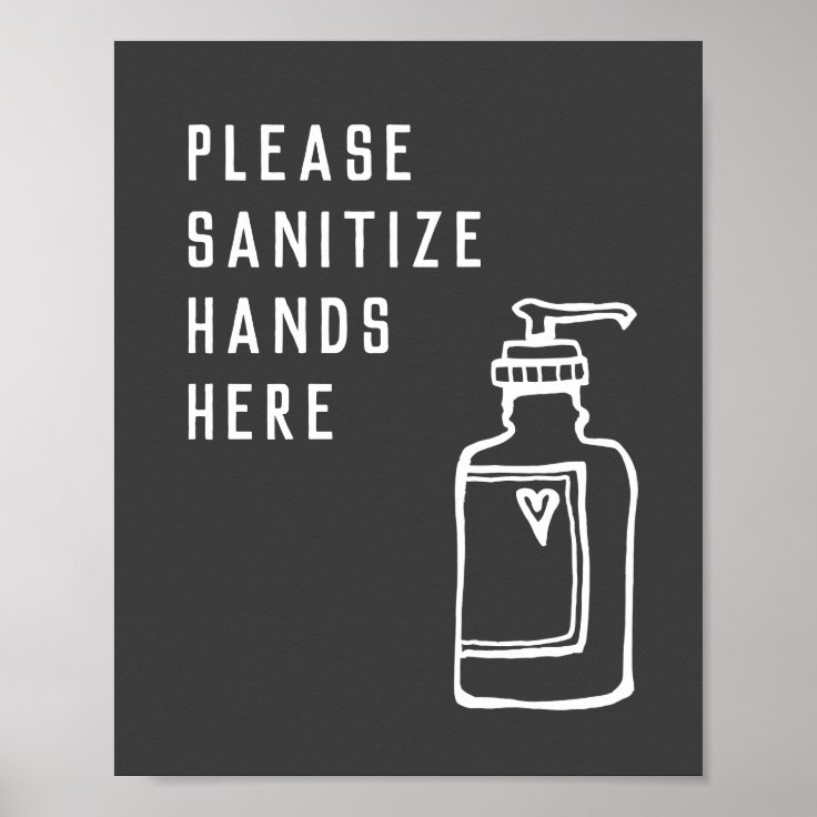 Minimalist Black & White Sanitize Hands Here Poster | Zazzle