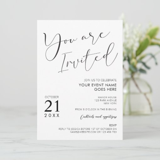 Minimalist Black White Script Logo Business Party Invitation | Zazzle